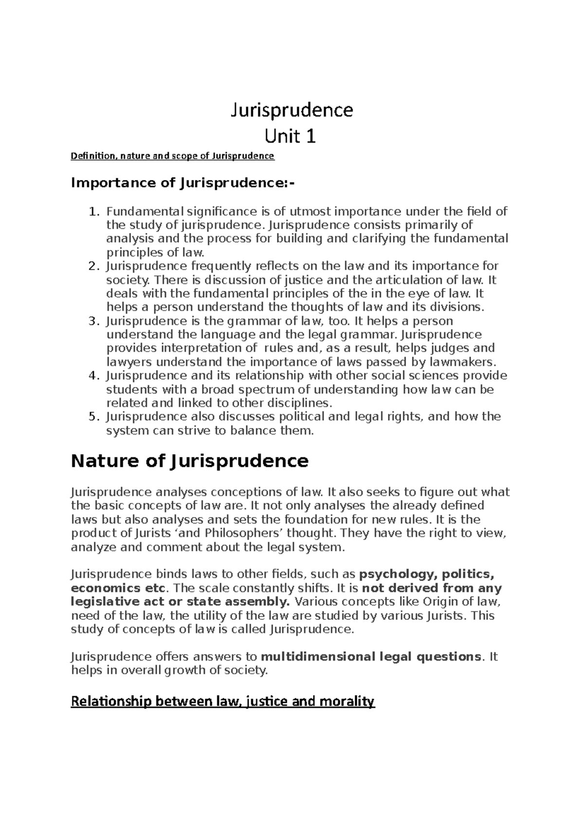 Prudence - Lecture notes 10 - Jurisprudence Unit 1 Definition, nature ...