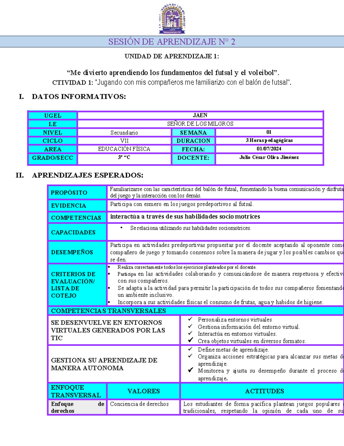 3° SES-ACT 1-E.F U1 - SESION DE APRENDIZAJE - SESIÓN DE APRENDIZAJE N° 2 UNIDAD DE APRENDIZAJE 1 ...