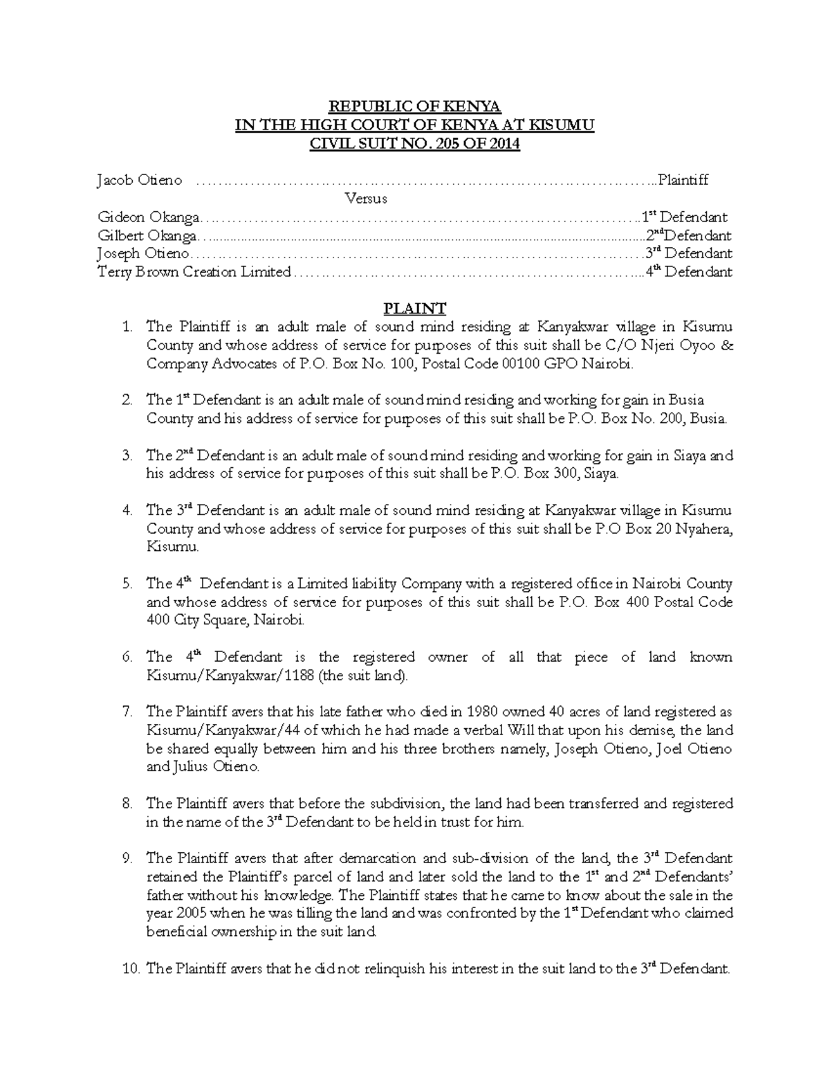 Plaint-2017 - Provides samples on drafting plaints. - REPUBLIC OF KENYA ...