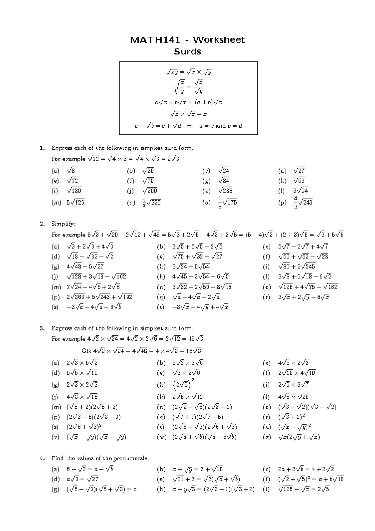 Surds - math questions - MATH141 - Worksheet Surds √ xy = √ x × √y √ x ...