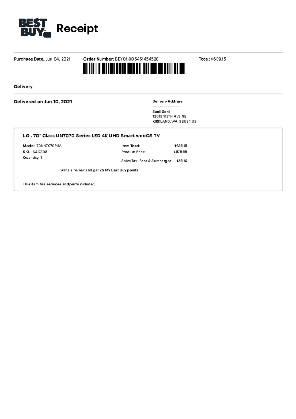 Best Buy TV 70 - 1 - Chem - Receipt Purchase Date: Jun 04, 2021 Order ...