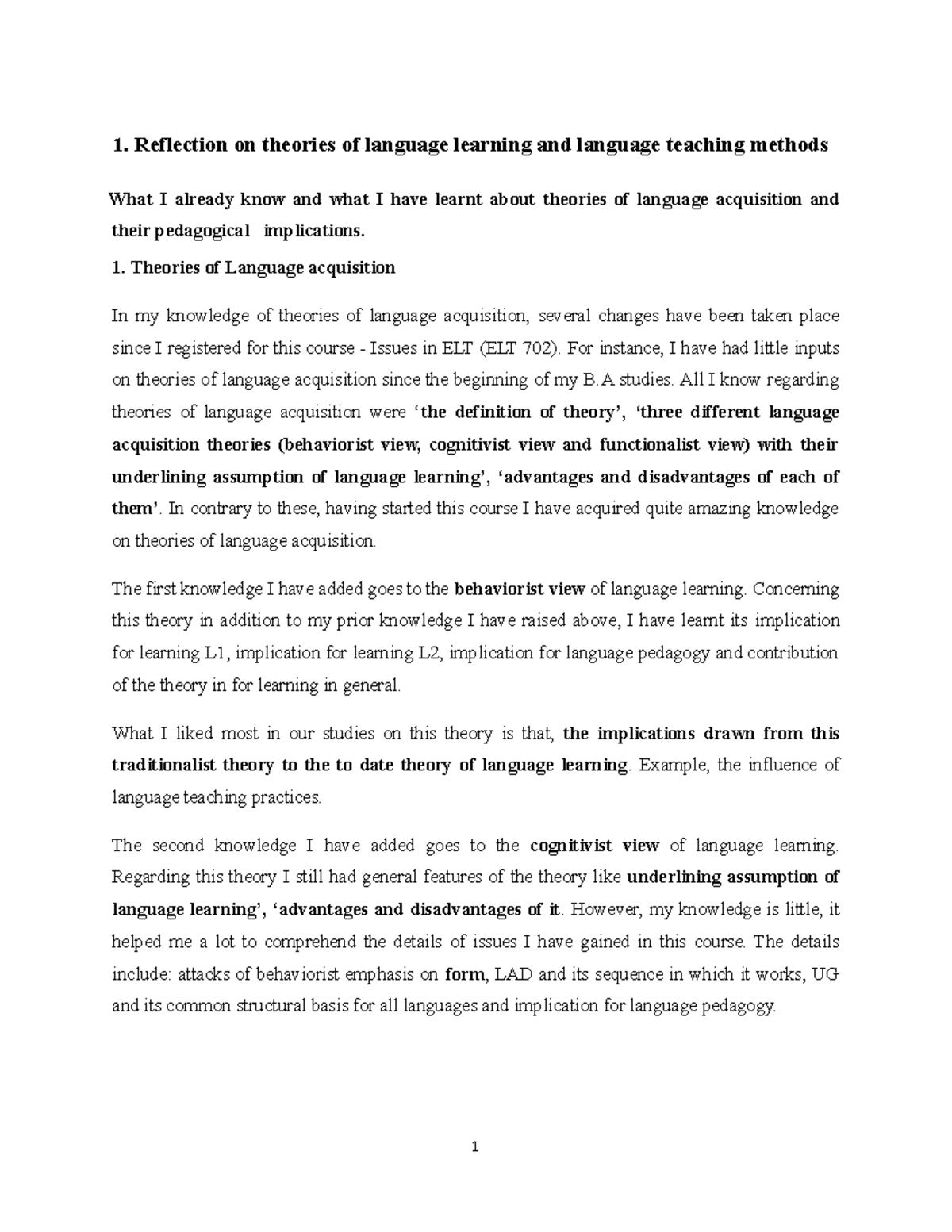 Reflection on theories of language learn - 1. Reflection on theories of ...