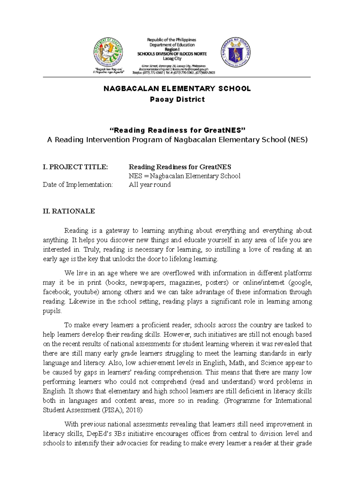 Nagbacalan ES Reading Intervention Program - NAGBACALAN ELEMENTARY ...