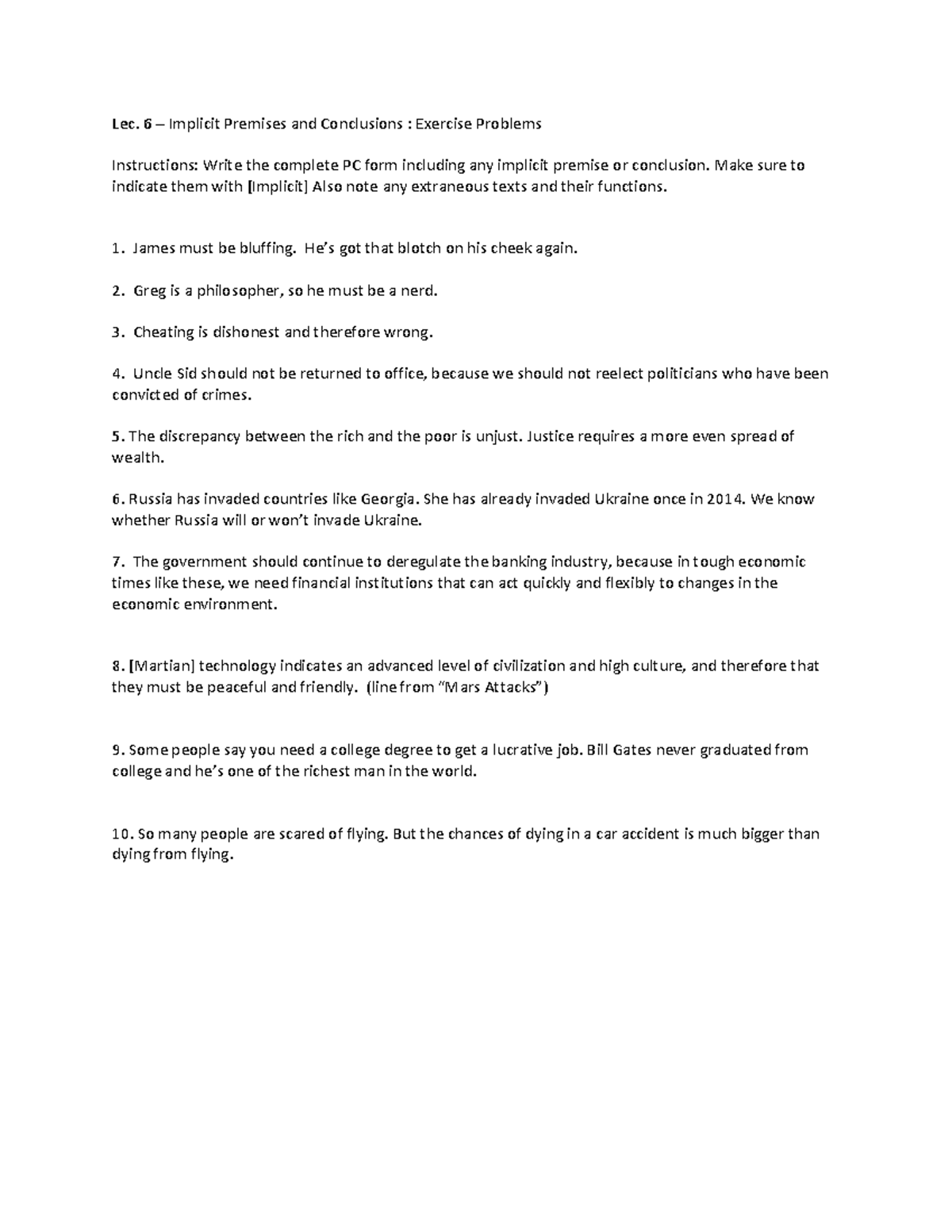 Lec 6 Implicit Premises And Conclusions Exercise Problems Lec 6 Implicit Premises And