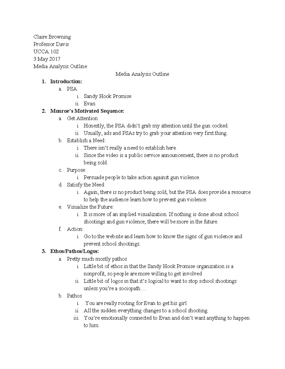 Media analysis outline (grade) - Claire Browning Professor Davis UCCA ...