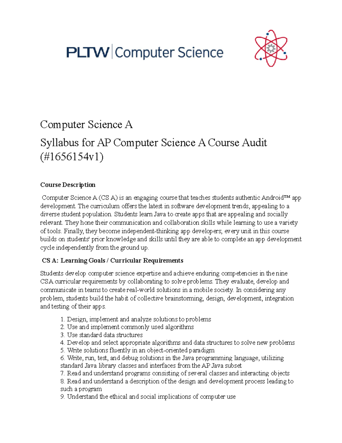 Syllabus for AP Computer Science A Course Audit - Computer Science A ...