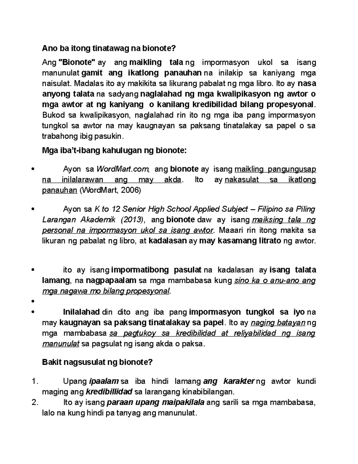 Bionote - Ano ba itong tinatawag na bionote? Ang "Bionote" ay ang ...