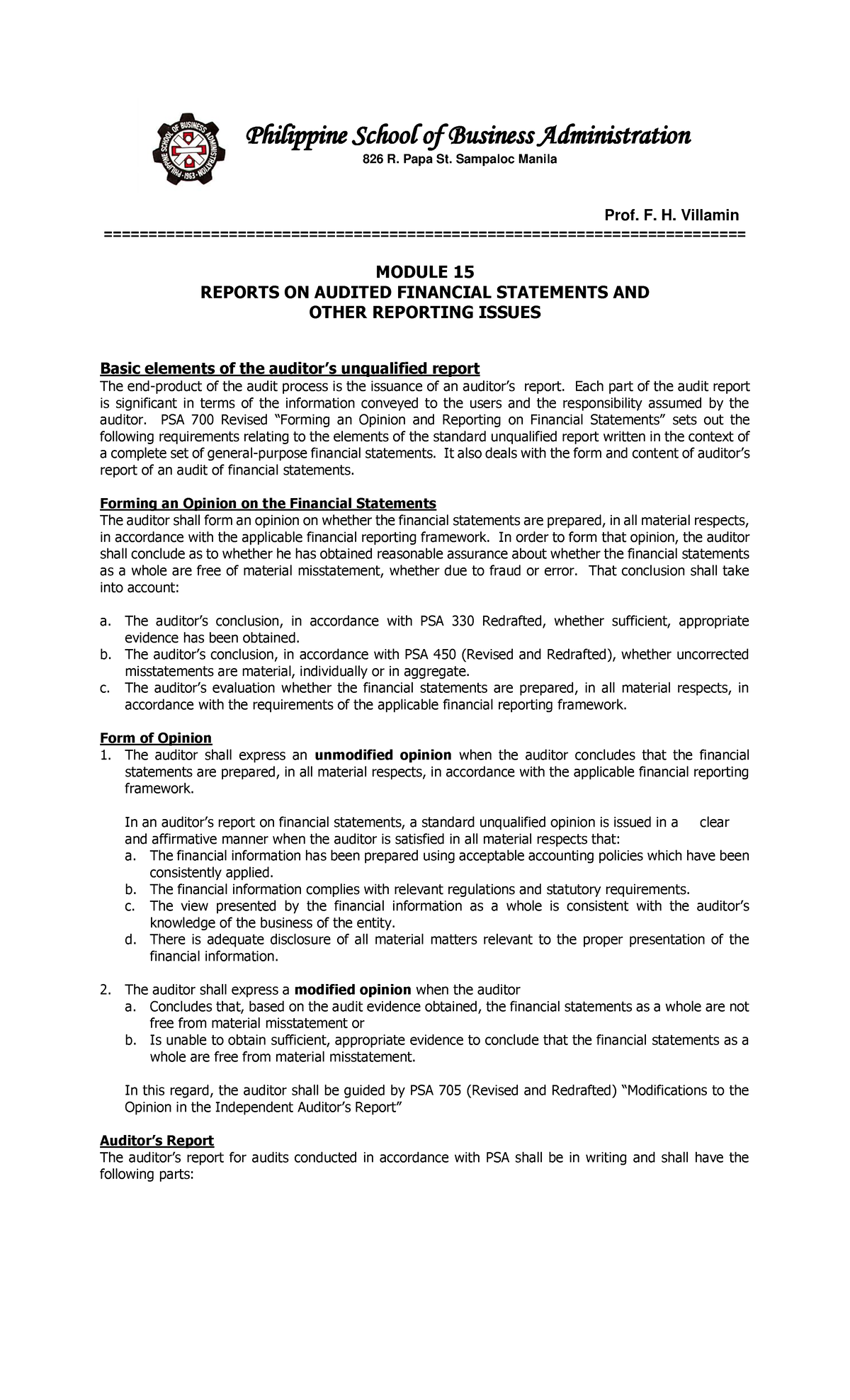 AT Module 15 - Report on Audited FS and Other Reporting ...