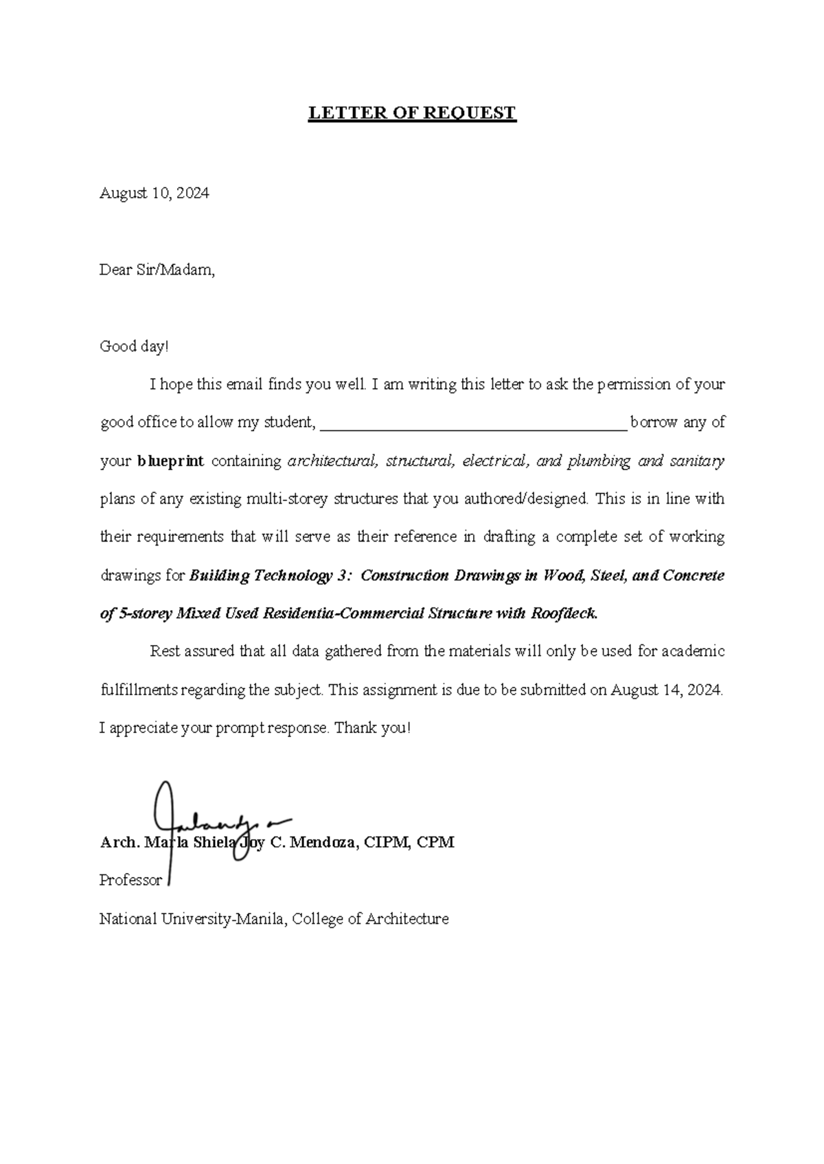 Letter-of-Request Blueprint - LETTER OF REQUEST August 10 , 2024 Dear ...