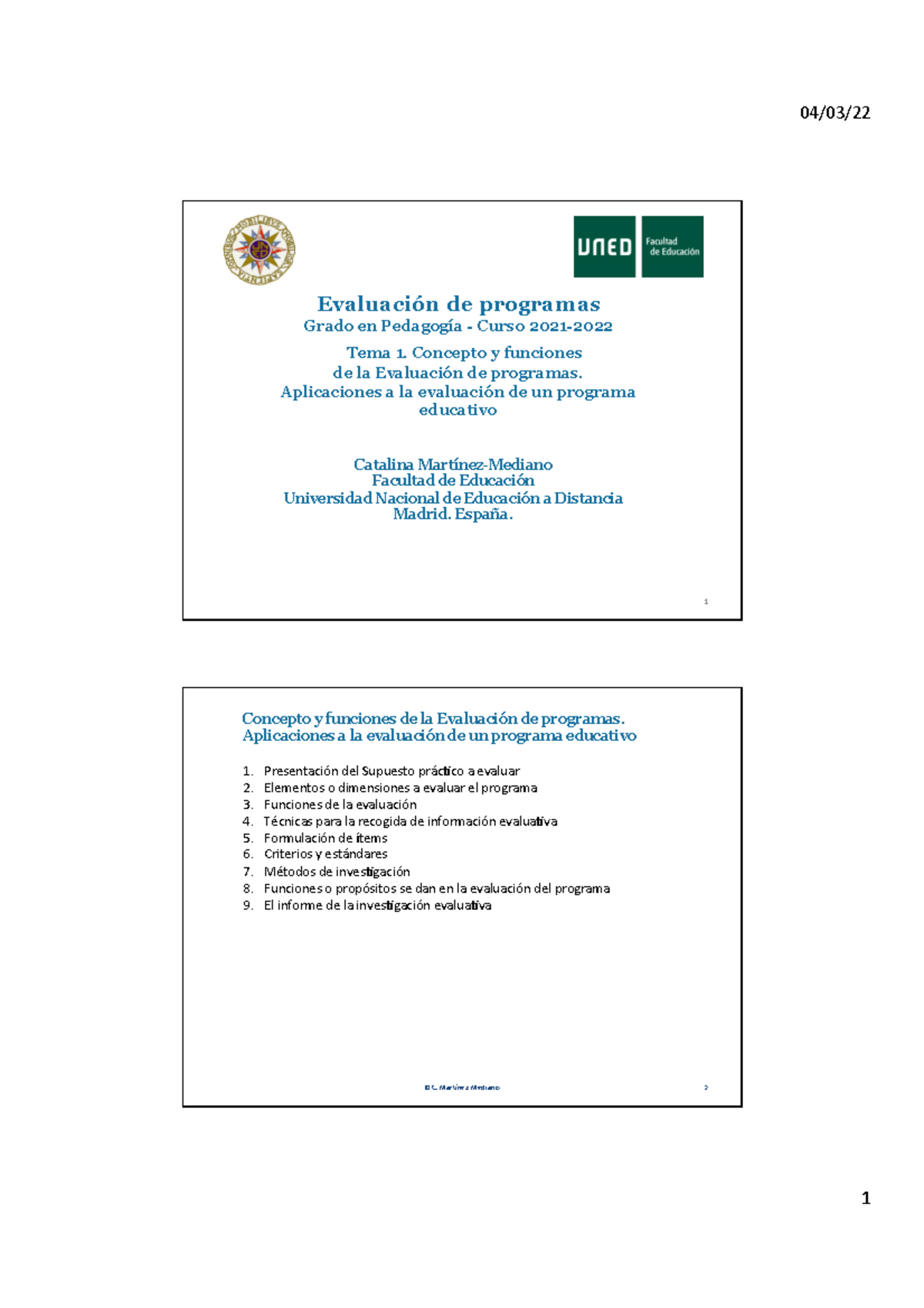Evaluacio n de Programas Tema 1. Aplicaciones. Concepto y Funciones de la E - Evaluación de ...
