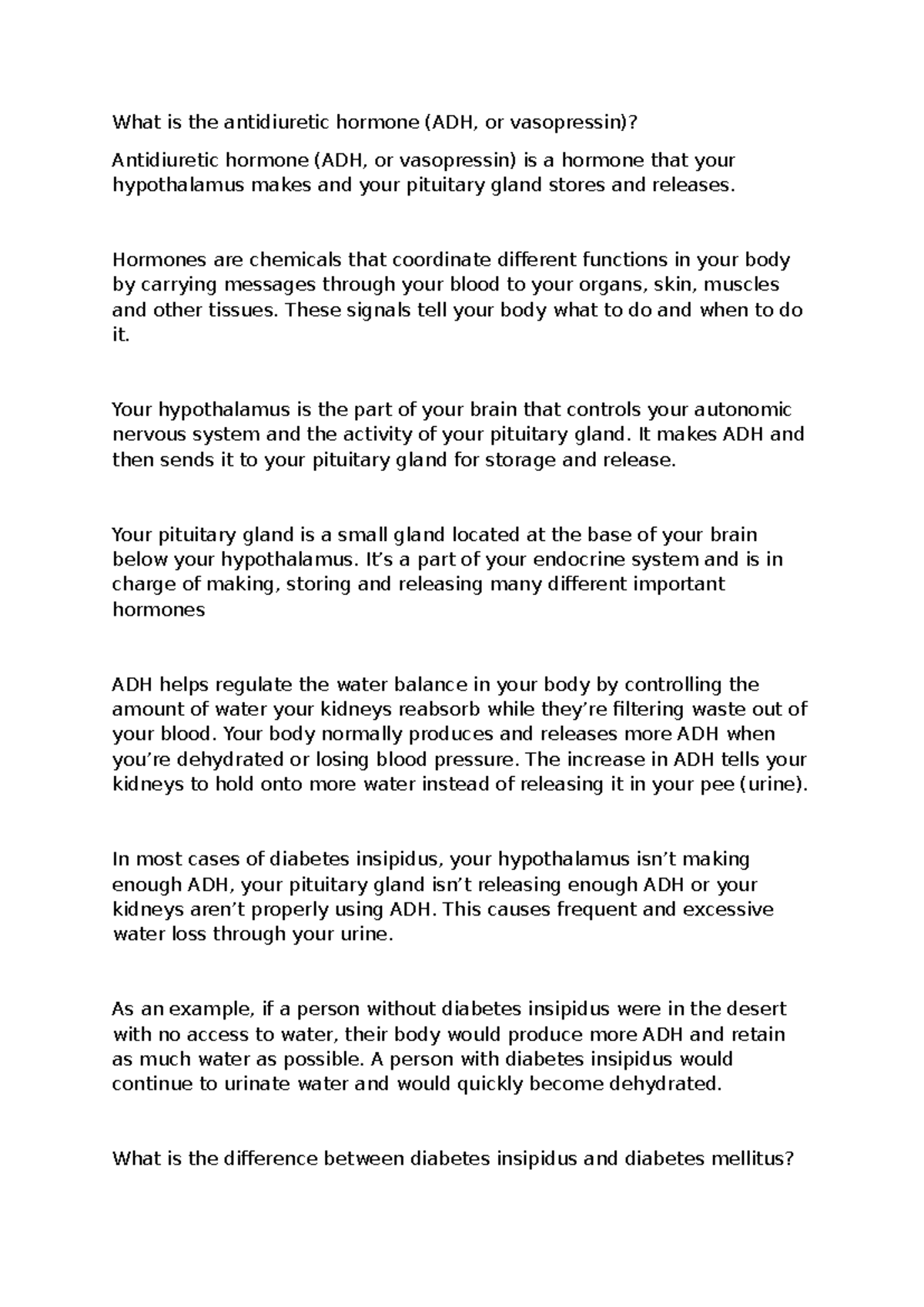 Document - nursing notes - What is the antidiuretic hormone (ADH, or ...