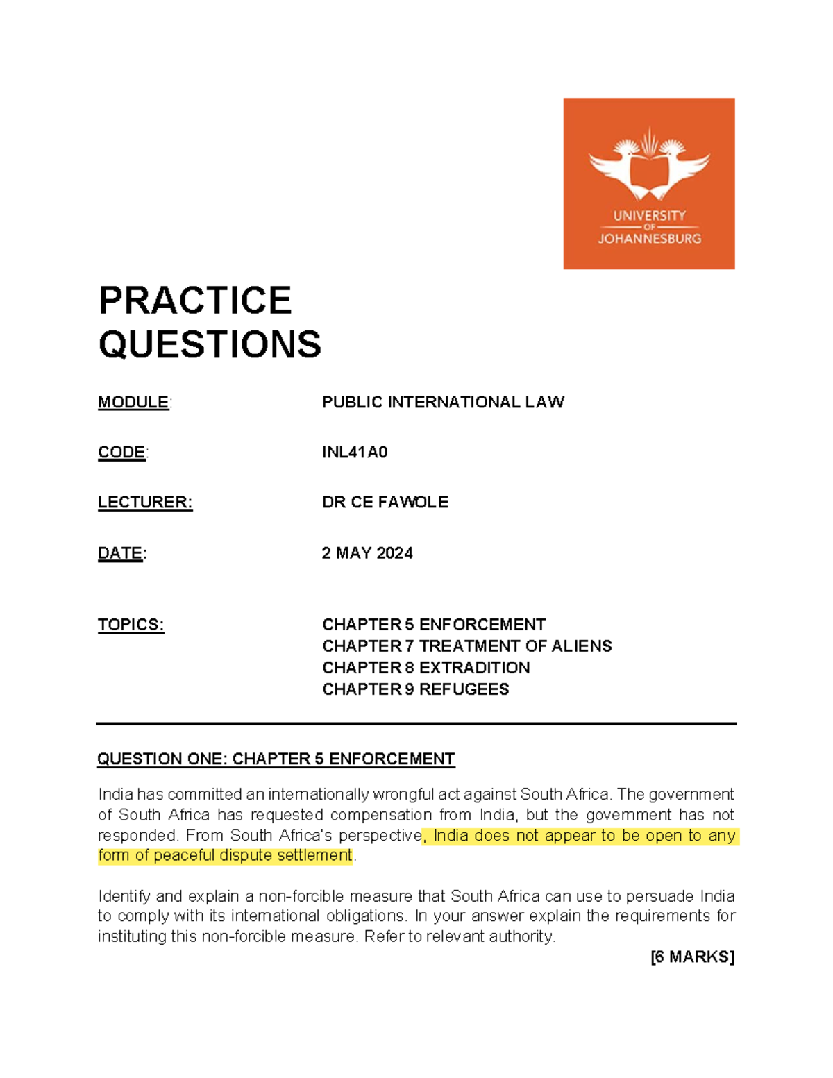 International Law Practice Questions Topis 5 7 8 and 9 - PRACTICE ...