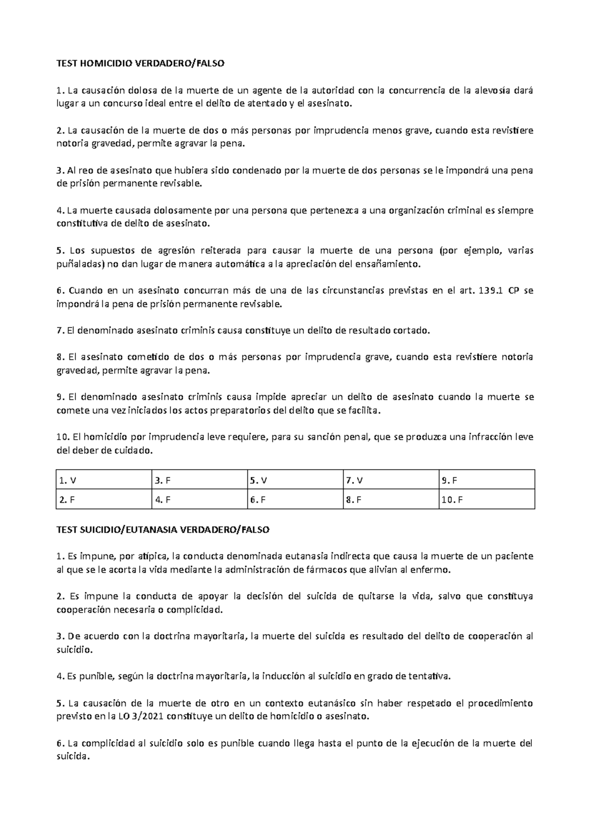 Tests verdadero falso - TEST HOMICIDIO VERDADERO/FALSO La causación ...