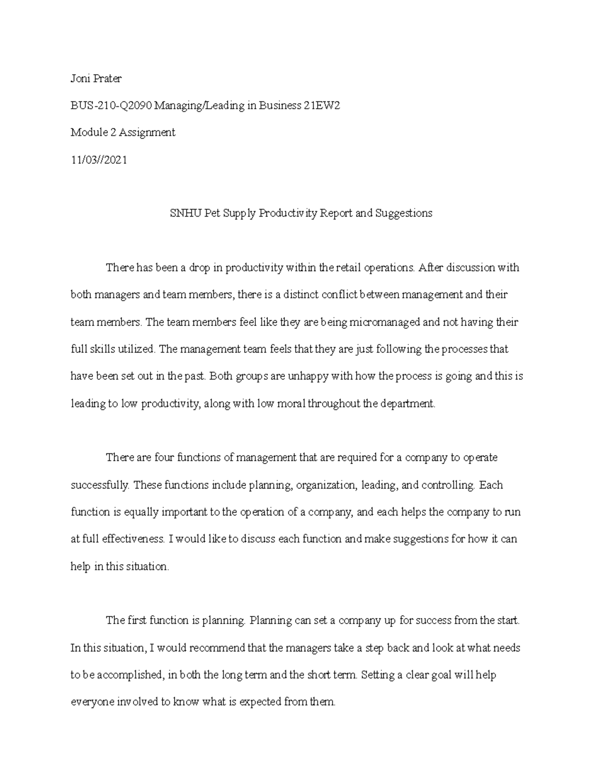 BUS Module two assignment - Joni Prater BUS-210-Q2090 Managing/Leading ...