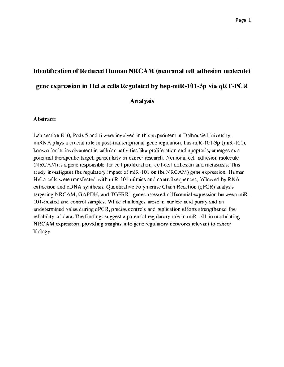 Genetics paper BIOL 2030 - Thejashree Swargam B00922535, B ...