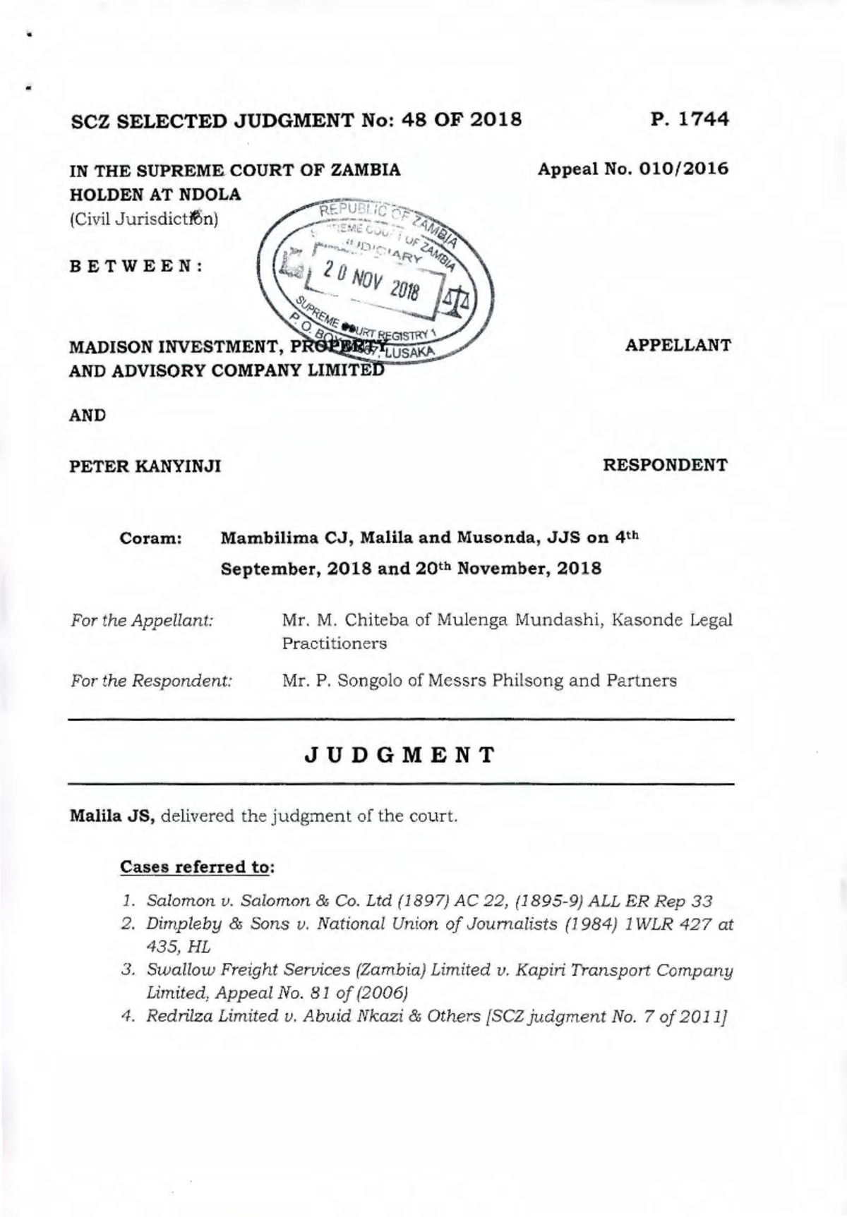 Selected judgment no 48 2018 appeal no 10 2016 madison investment ...
