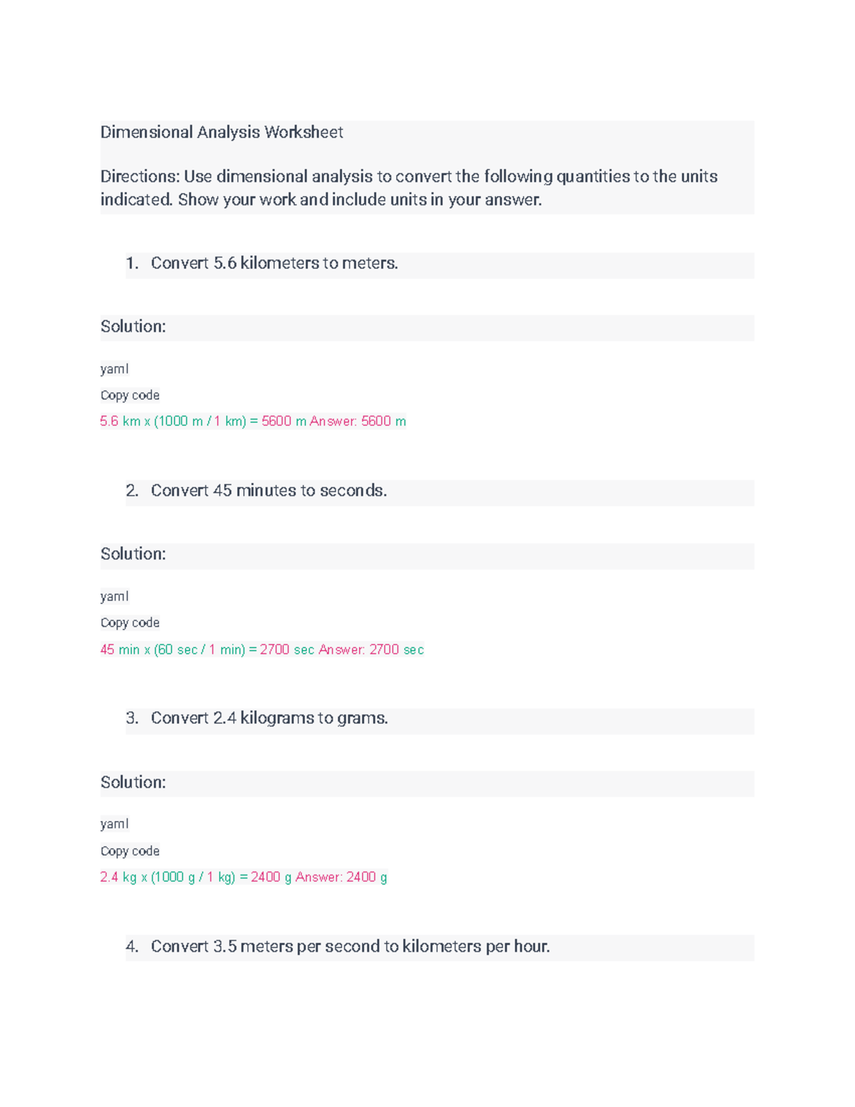 Dimensional Analysis Worksheet - Dimensional Analysis Worksheet ...