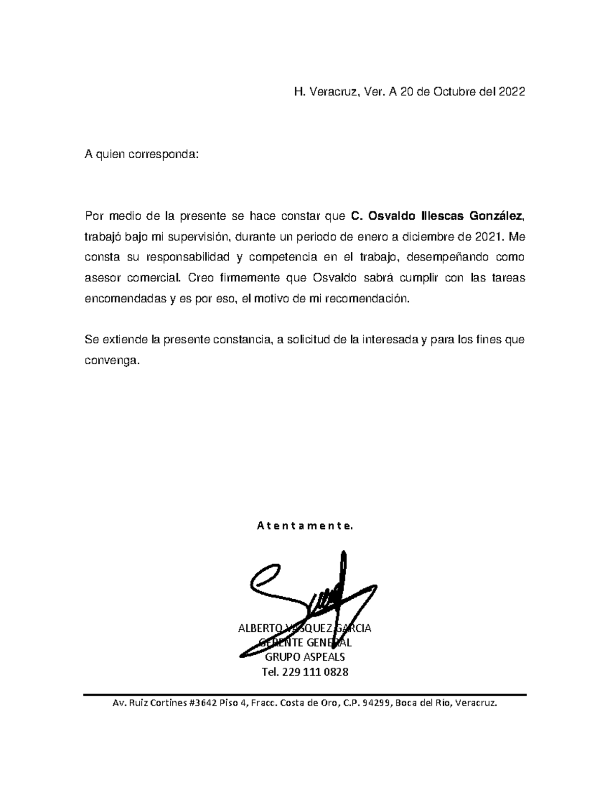Carta Laboral - H. Veracruz, Ver. A 20 de Octubre del 2022 A quien corresponda: Por medio de la ...