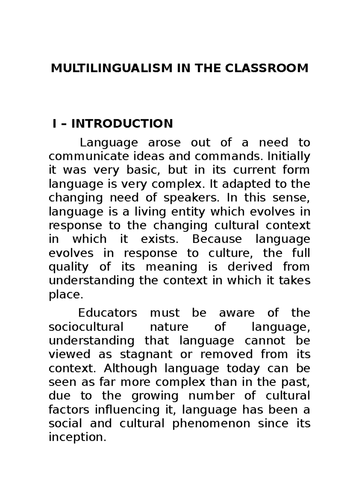 Multi- Lingualism - MULTILINGUALISM IN THE CLASSROOM I – INTRODUCTION ...