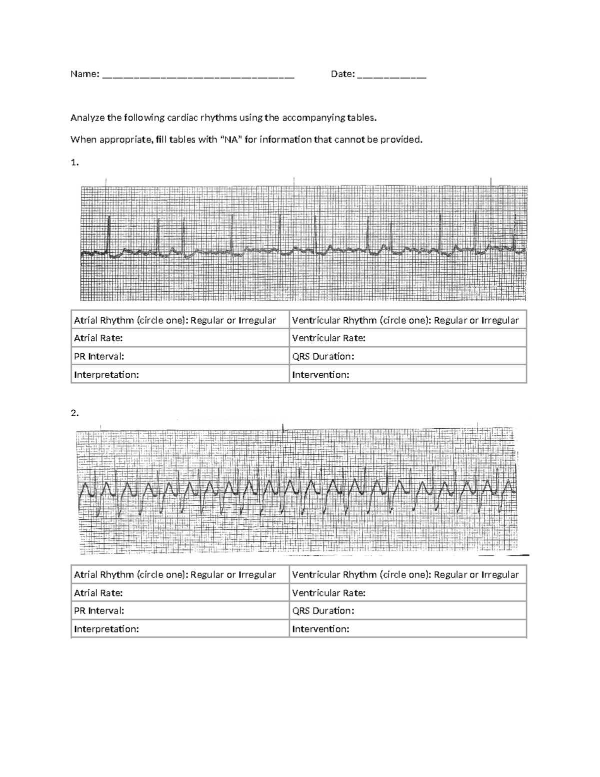 Rhythms worksheet - Perfusion 320 - Name ...