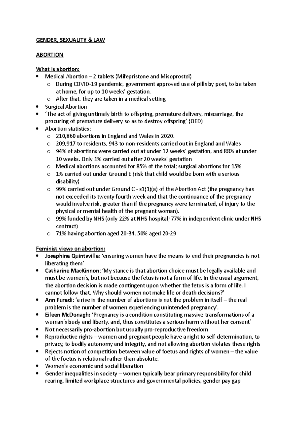 GSL - Abortion - Lecture notes - GENDER, SEXUALITY & LAW ABORTION What ...