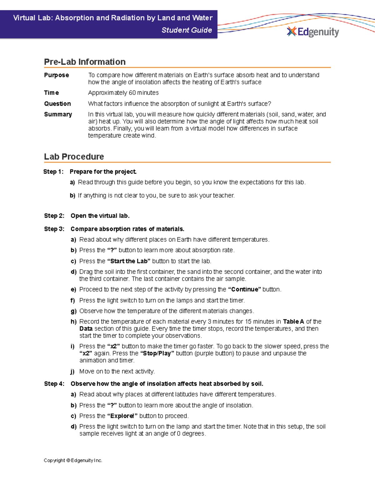 Absorption and Radiation by Land and Water Student Virtual Lab G - Pre-Lab Information Purpose ...