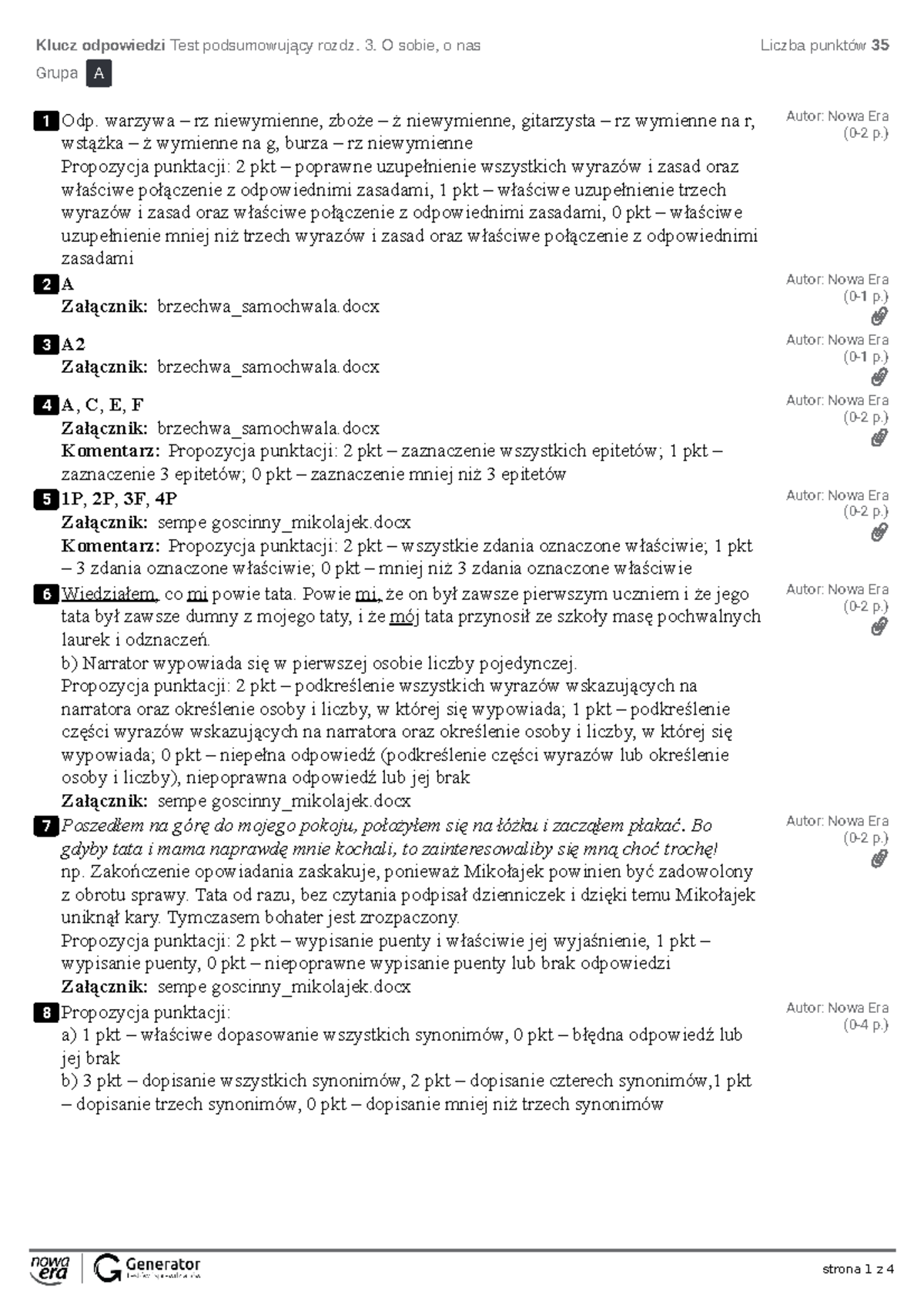 Test podsumowujący rozdz. 3. O sobie, o nas Klucz odpowiedzi - Klucz ...