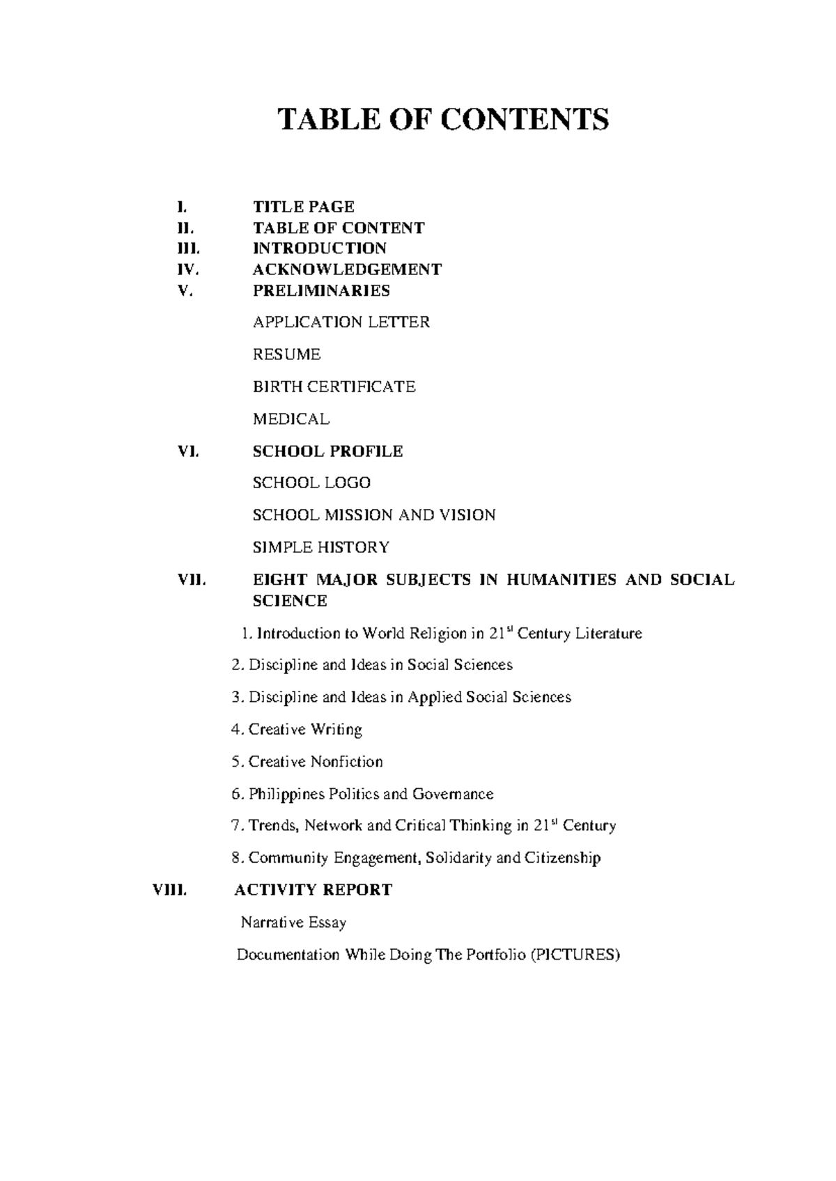 Culminating Portfolio 12 - TABLE OF CONTENTS I. TITLE PAGE II. TABLE OF ...