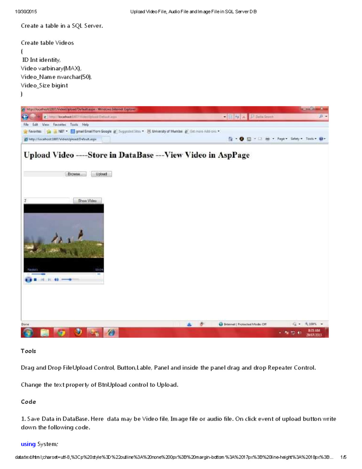 Video Streaming - very helpful - Create a table in a SQL Server. Create ...