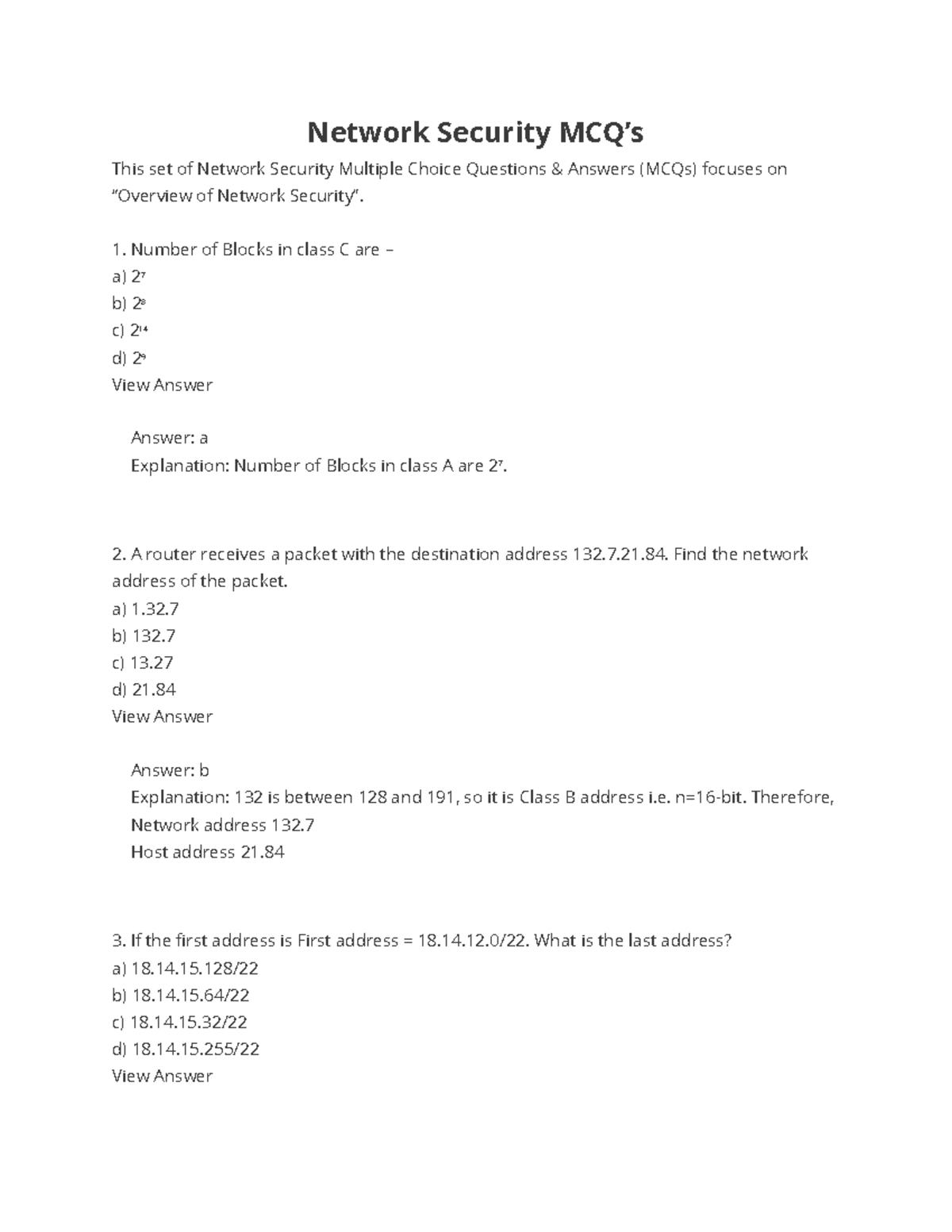 Network Security MCQ’s - Network Security MCQ’s This set of Network Security Multiple Choice ...