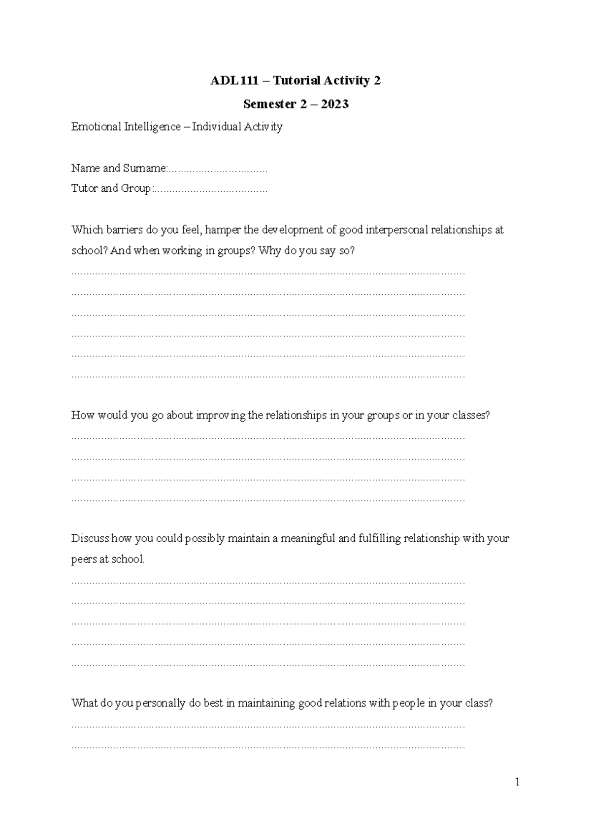 Term 3 -Tutorial activity 2 - ADL111 – Tutorial Activity 2 Semester 2 – 2023 Emotional ...