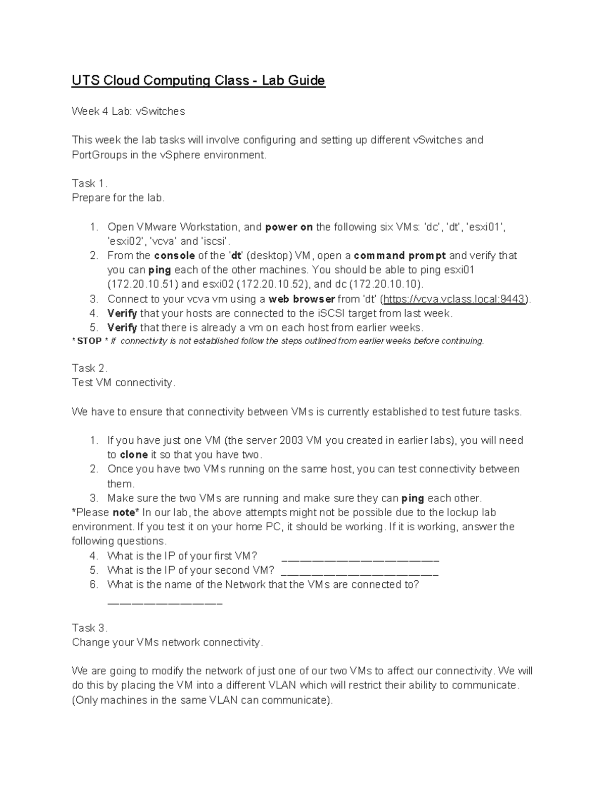 Lab 4 V Switches Uts Cloud Computing Class Lab Guide Week 4 Lab Vswitches This Week The 4344