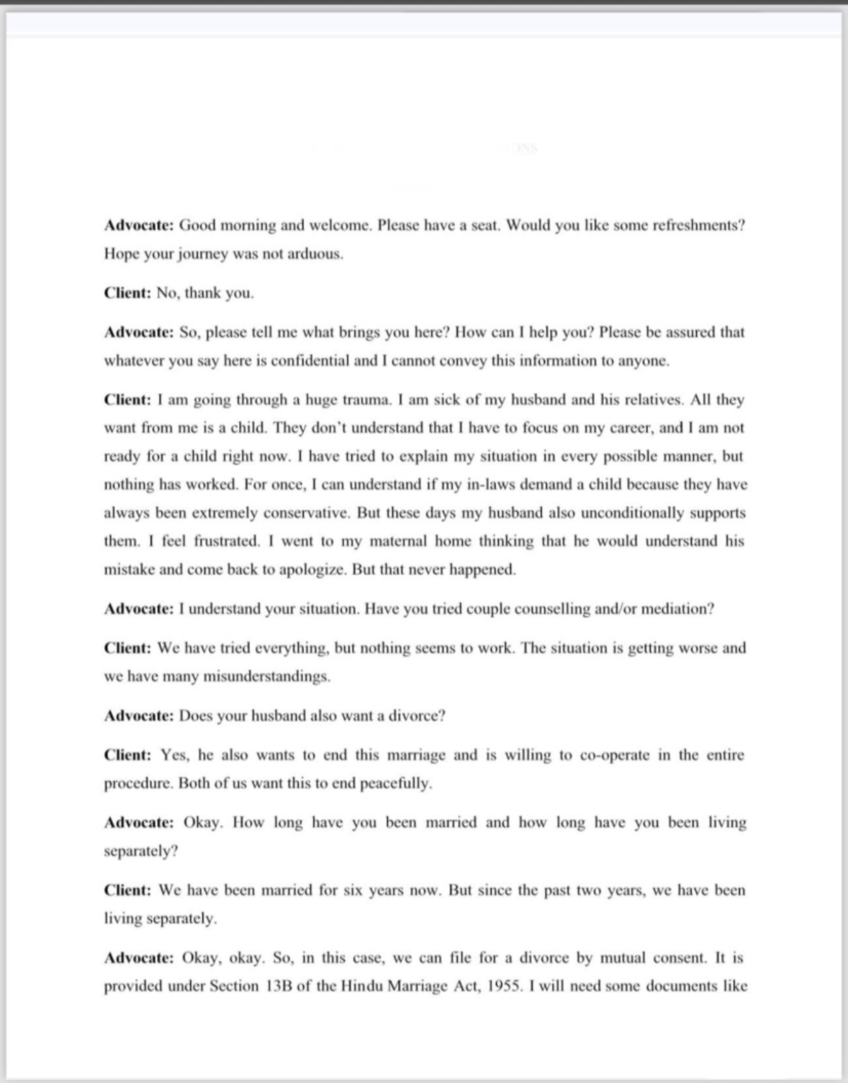 Clinet Interview Civil - Advocate: Good morning and welcome. Please ...