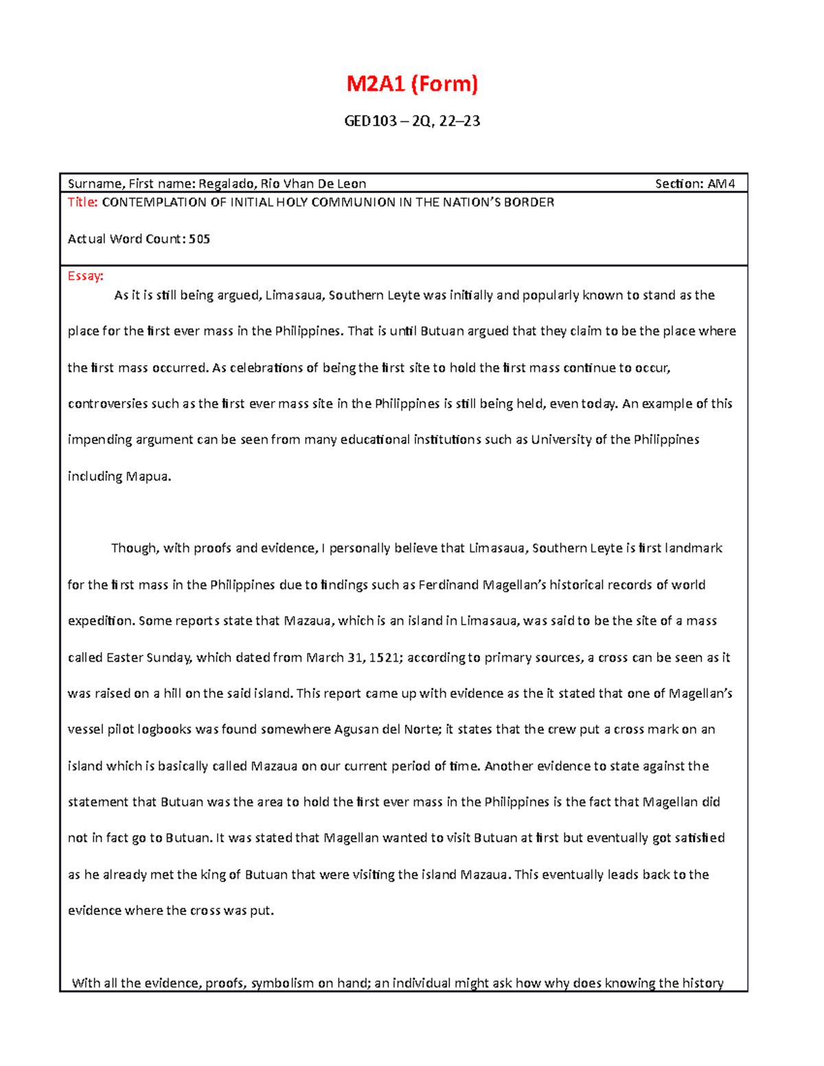GED103 (M2A1 - Form) - M2A1 Assesment - M2A1 (Form) GED103 – 2Q, 22 ...