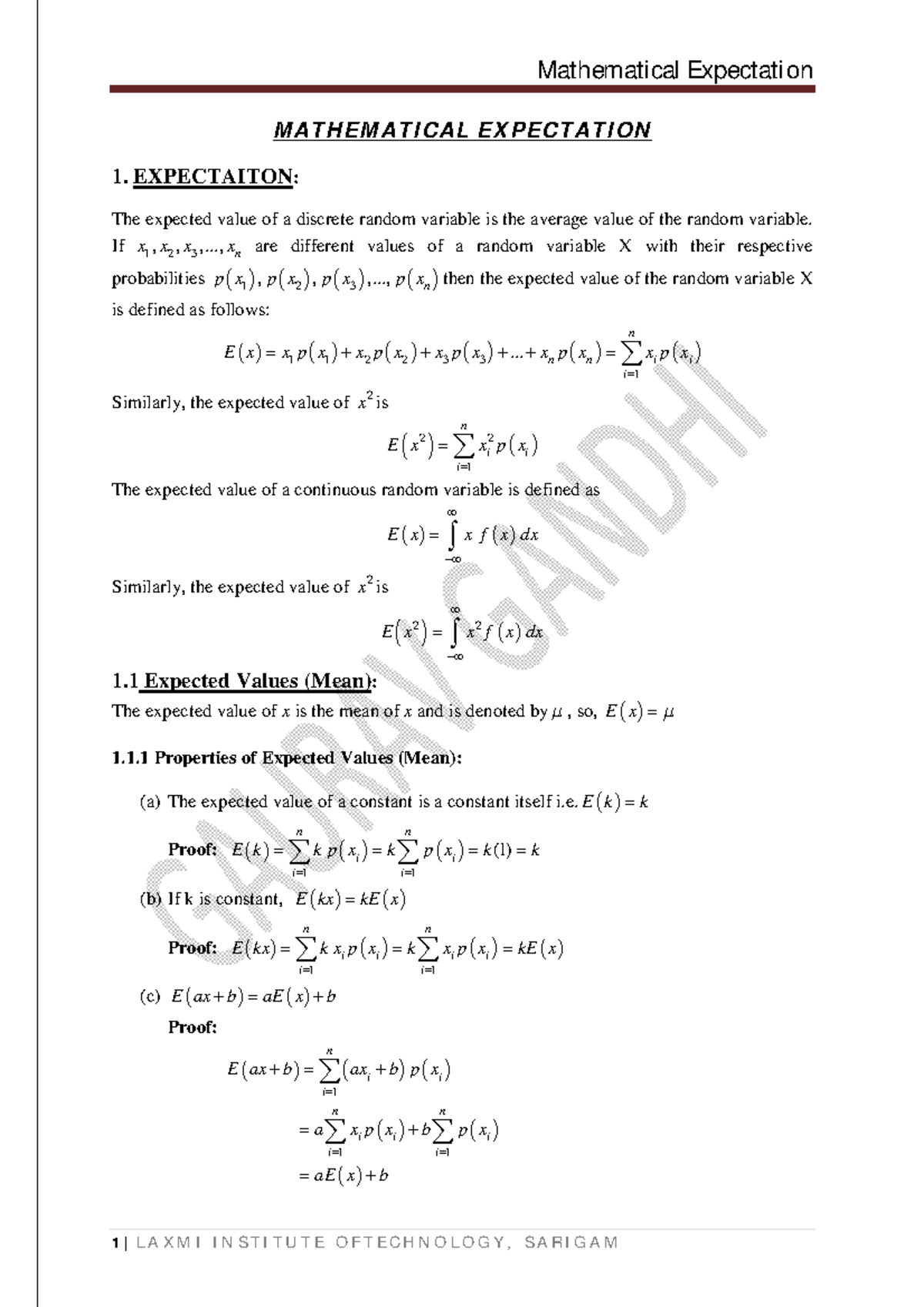 Unit 3 Mathematical Expectation - MATHEMATICAL EXPECTATION 1. EXPECTAITON: The expected value of ...