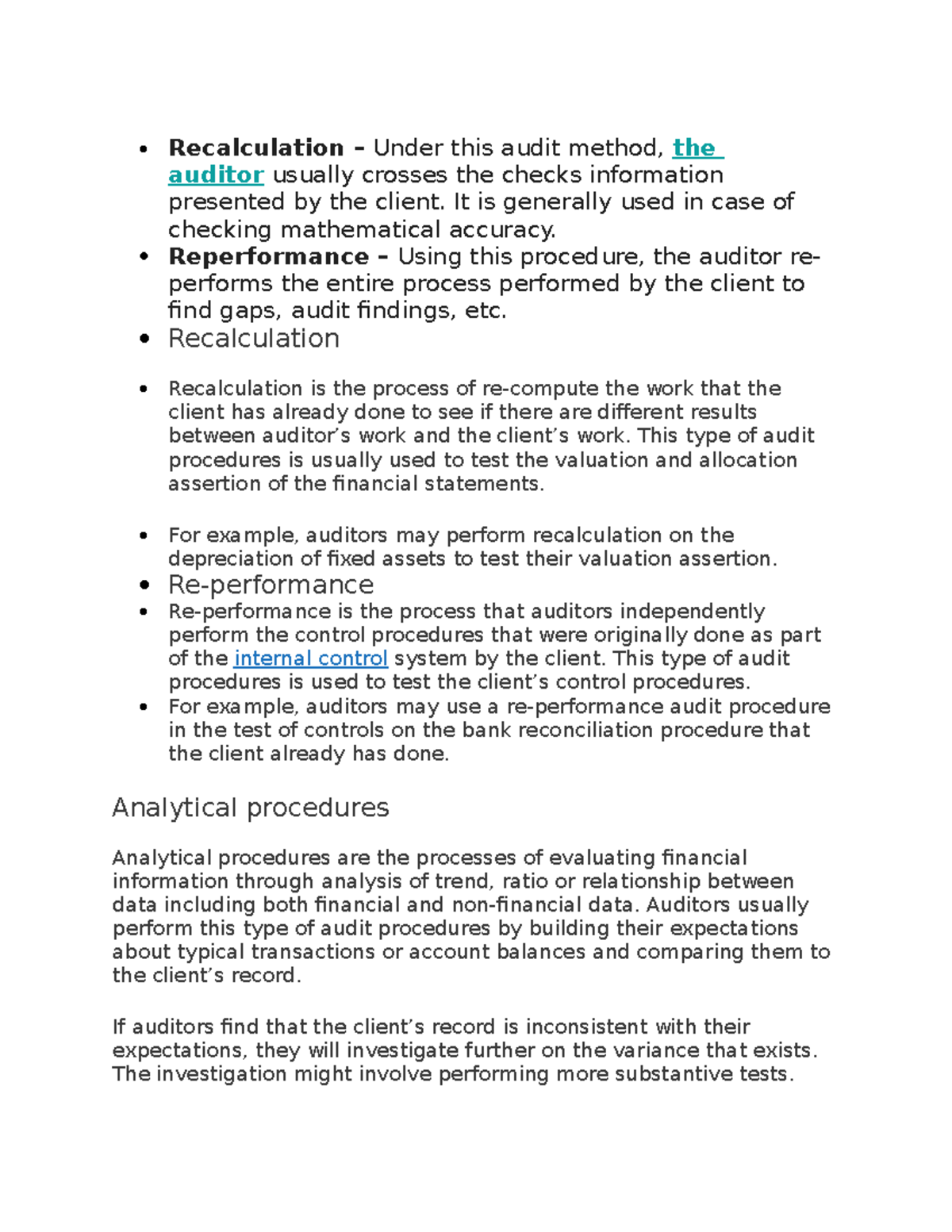 Audit - bài giải ktcb - Recalculation – Under this audit method, the ...