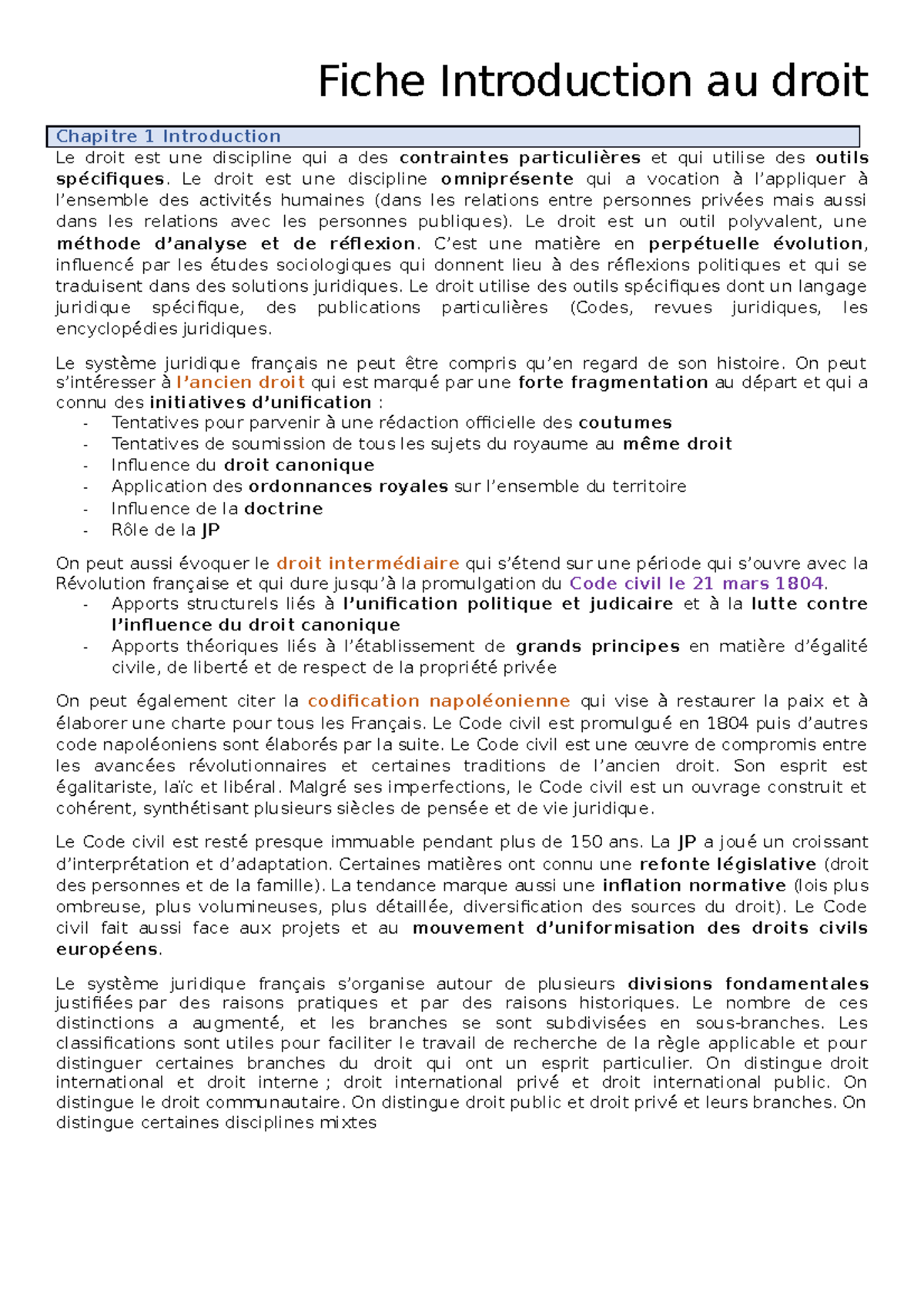 Introduction Générale au droit - Fiche Introduction au droit Chapitre 1 Introduction Le droit ...