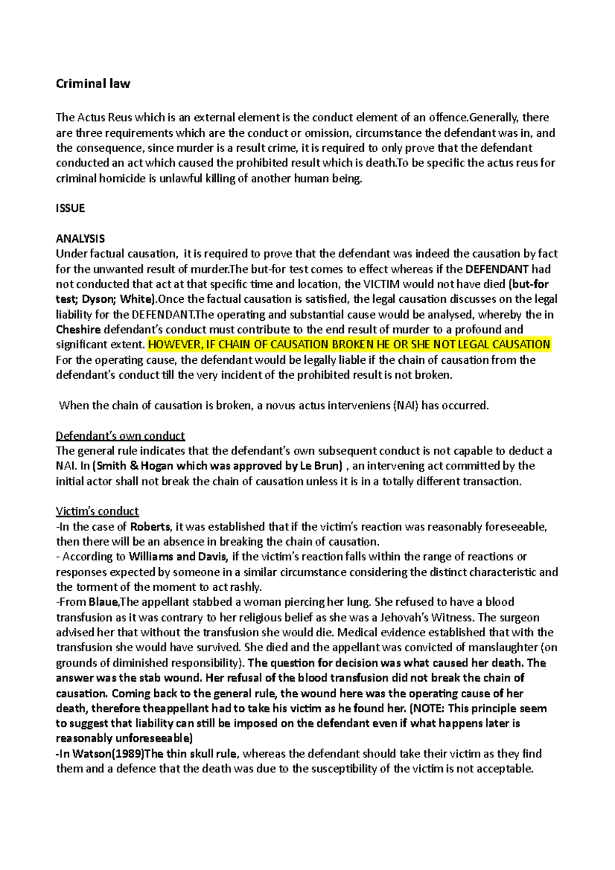 Criminal law problem Q - Criminal law The Actus Reus which is an ...