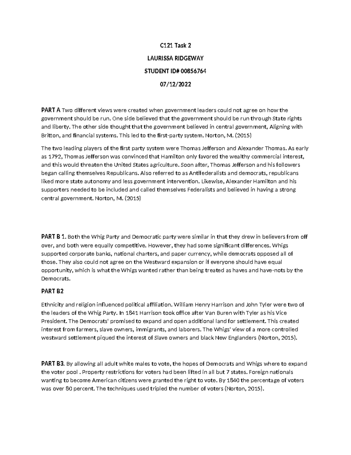 History TASK 2 - passed c121 - C121 Task 2 LAURISSA RIDGEWAY STUDENT ID ...