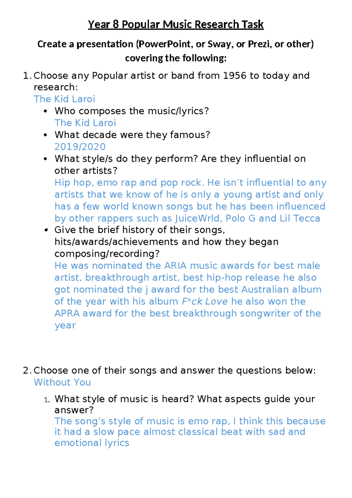 2021 Year 8 Popular Research Task - Year 8 Popular Music Research Task ...