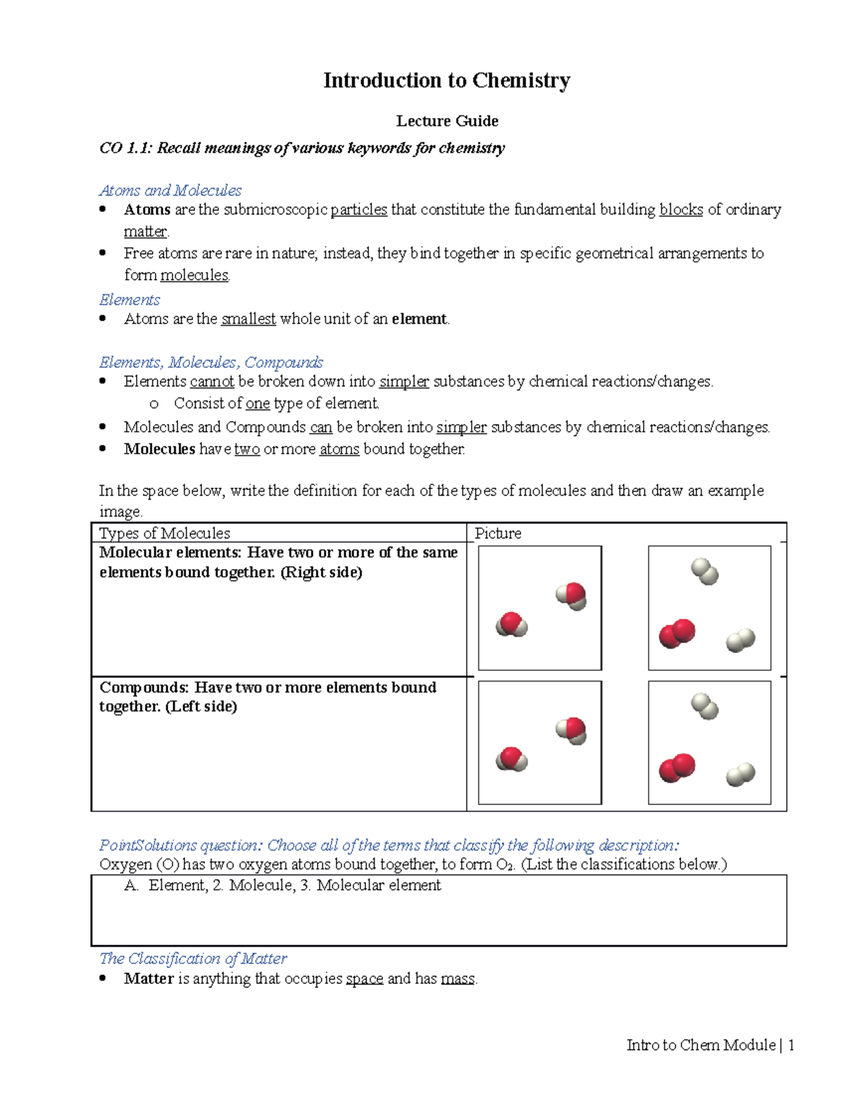 Intro to Chem Module Lecture Guide - Introduction to Chemistry Lecture ...