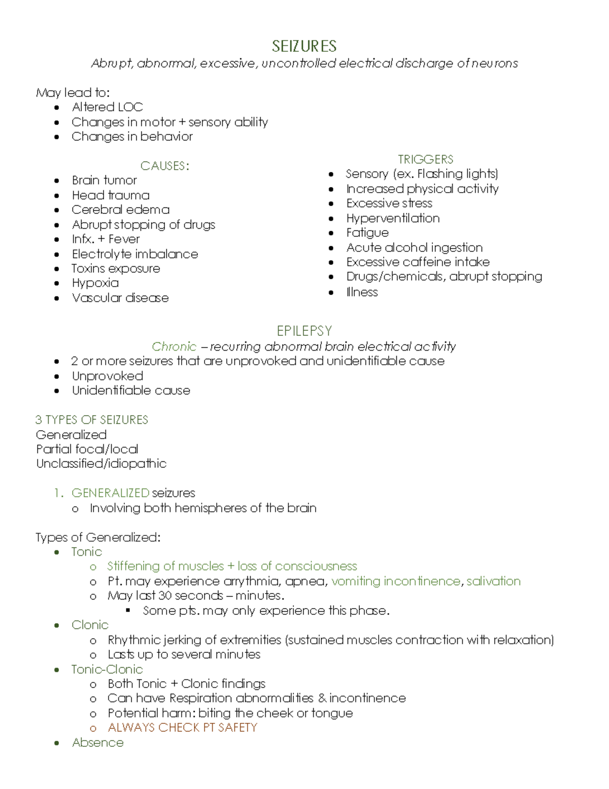 Seizures study guide - SEIZURES Abrupt, abnormal, excessive ...