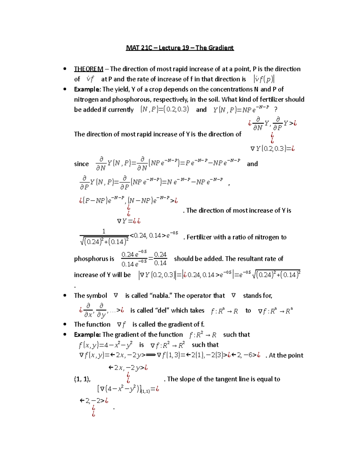 Mat 21c Lecture 19 The Gradient Mat 21c Lecture 19 The Gradient Theorem The Direction Of