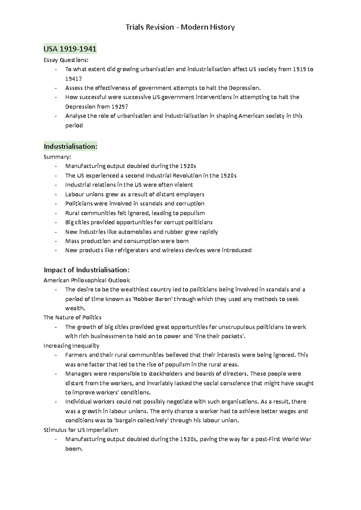 Trials Revision Modern History - USA 1919- Essay Questions: - To what ...