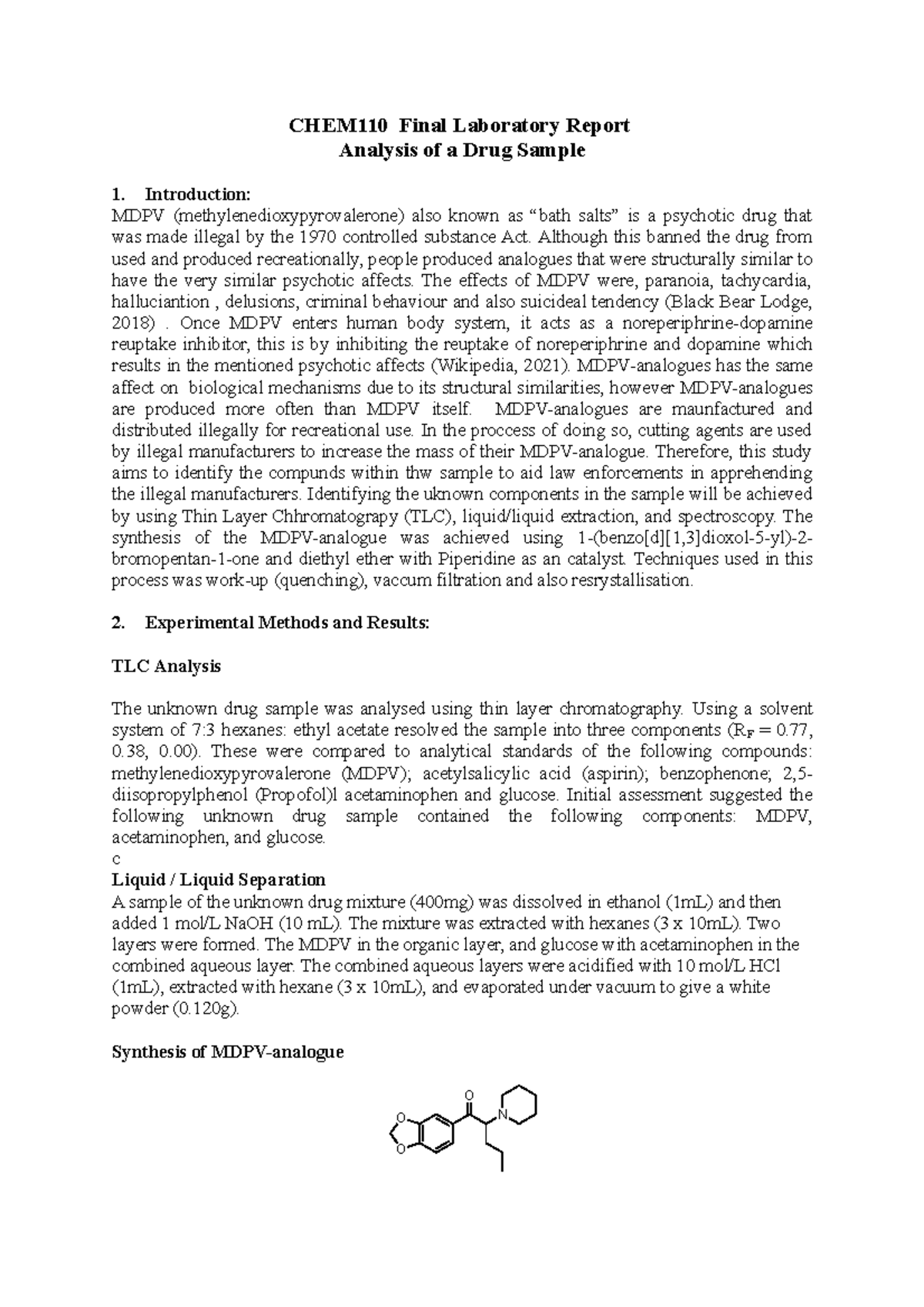 CHEM110 Final lab report - CHEM110 Final Laboratory Report Analysis of ...