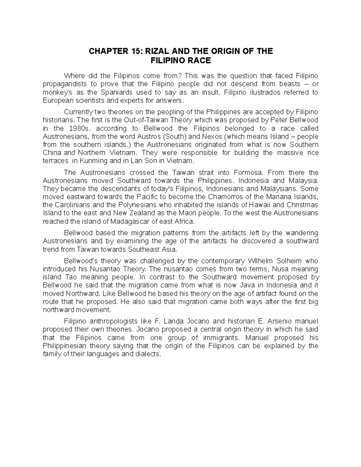 Chapter 15 - Jose Rizal - CHAPTER 15: RIZAL AND THE ORIGIN OF THE FILIPINO RACE Where did the ...