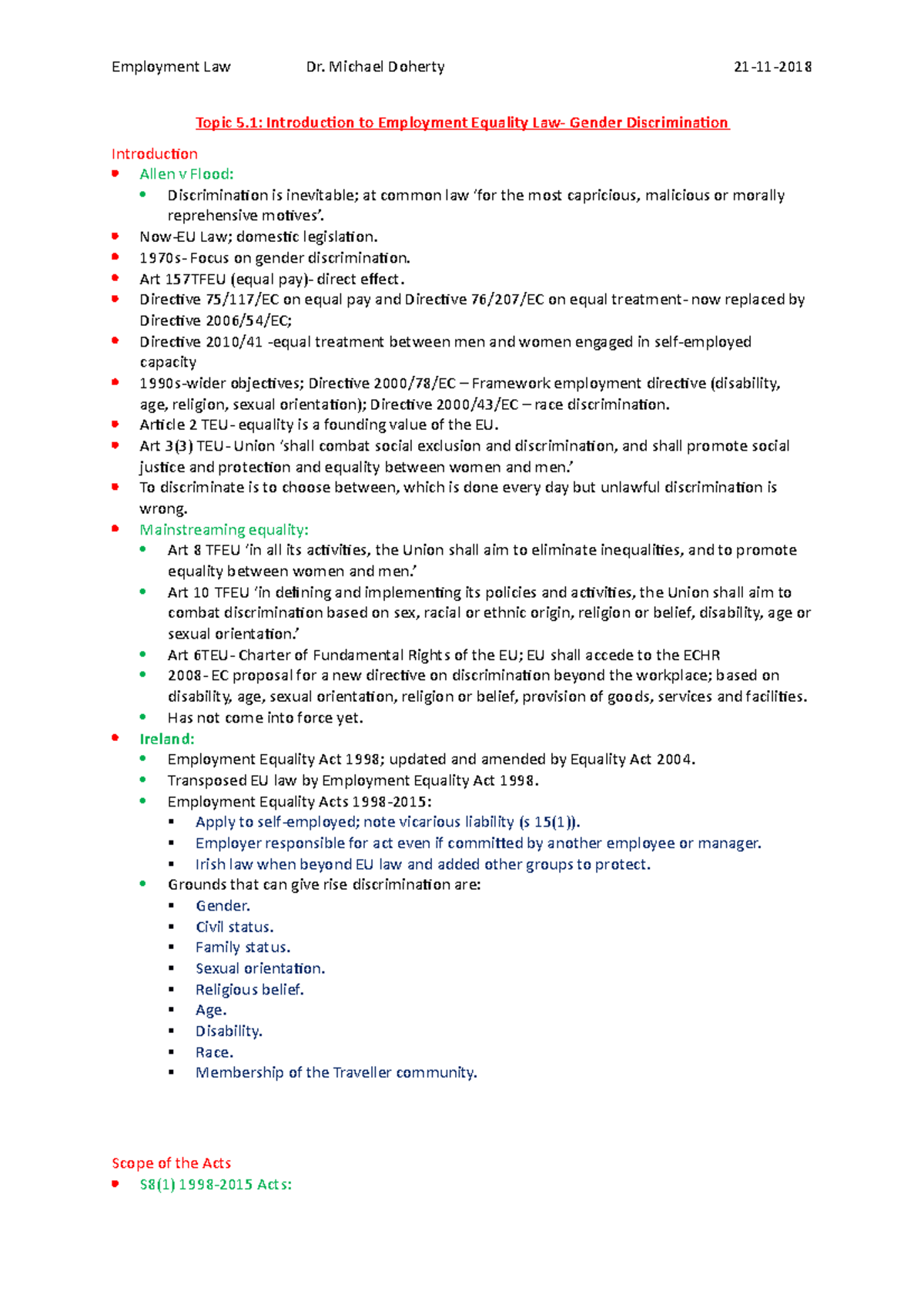 Lecture 16- 21-11-2018 - Topic 5: Introduction to Employment Equality ...