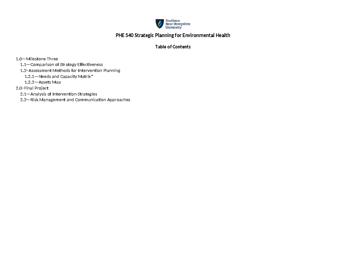 PHE 540 Strategic Planning for Environmental Health - 2—Needs and ...