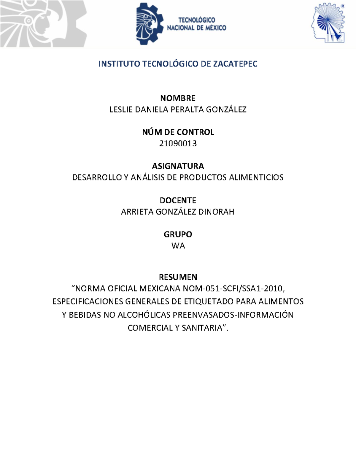 Resumen “ Norma Oficial Mexicana NOM-051-SCFI:SSA1-2010 ...