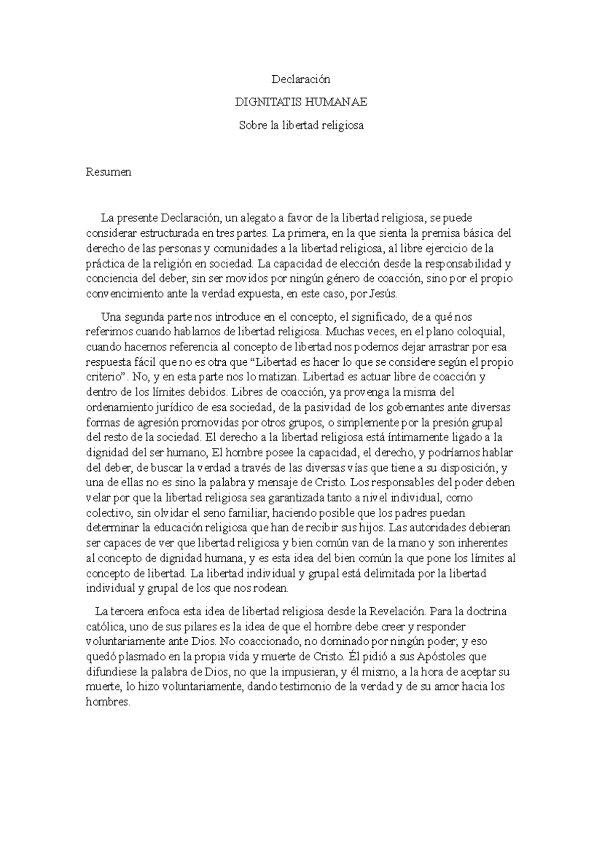 Trabajo Teología Dignitatis Humanae - Declaración DIGNITATIS HUMANAE ...